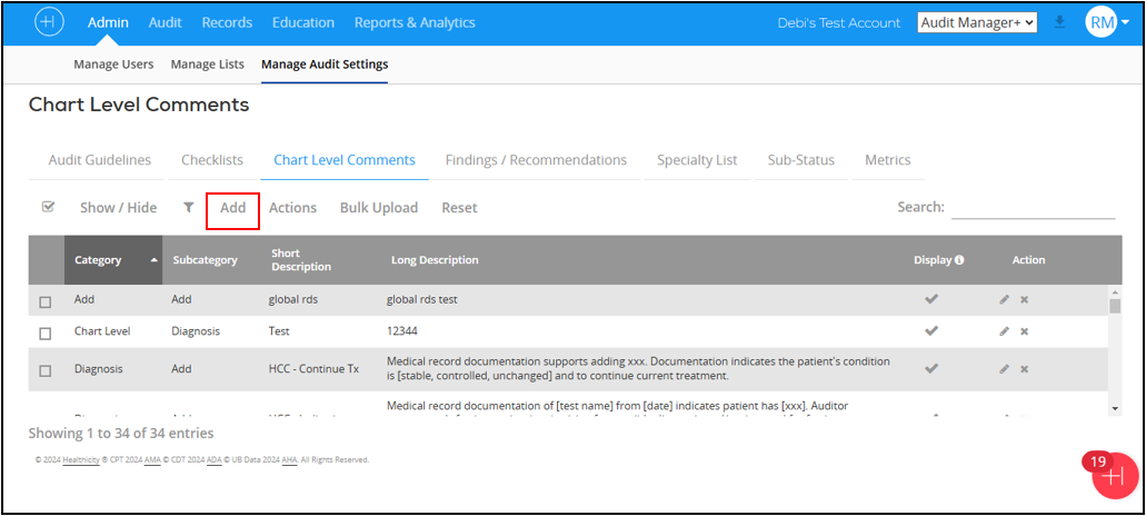 Chart Level Comments – Healthicity Support