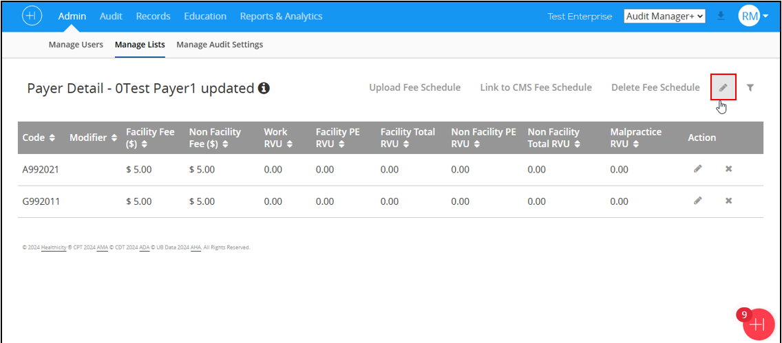 Manage List - Payer - Add Fee Schedule – Healthicity Support