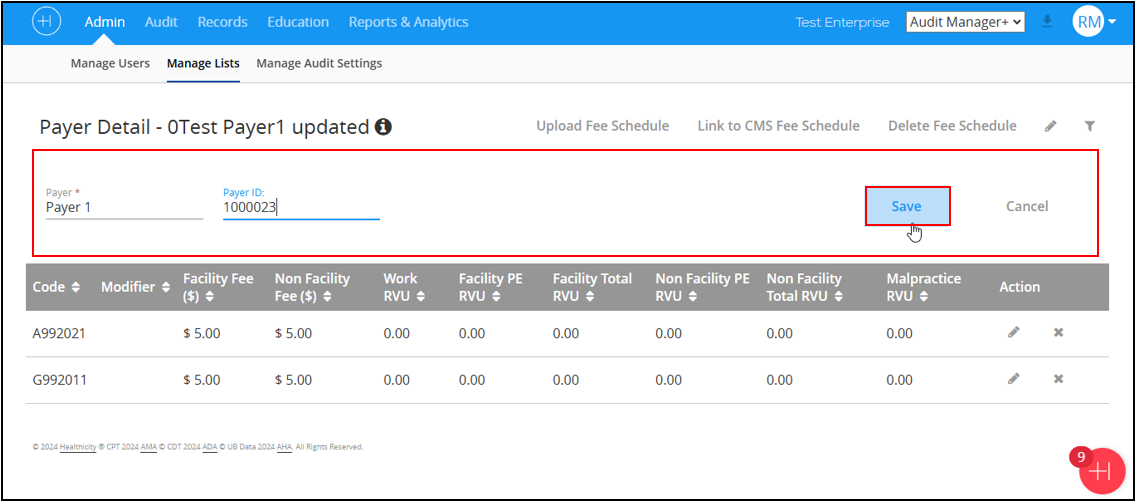 Manage List - Payer - Add Fee Schedule – Healthicity Support