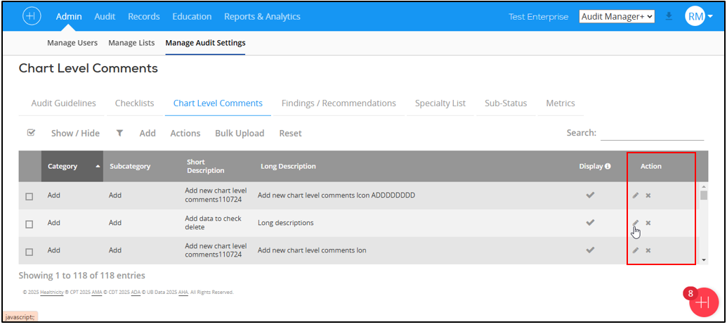 Chart Level Comments – Healthicity Support