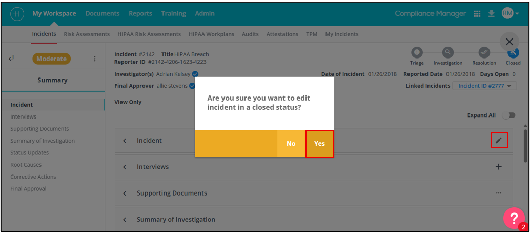 Edit Incidents in Closed Status – Healthicity Support