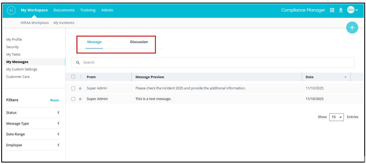 View My Messages From My Workspace – Healthicity Support